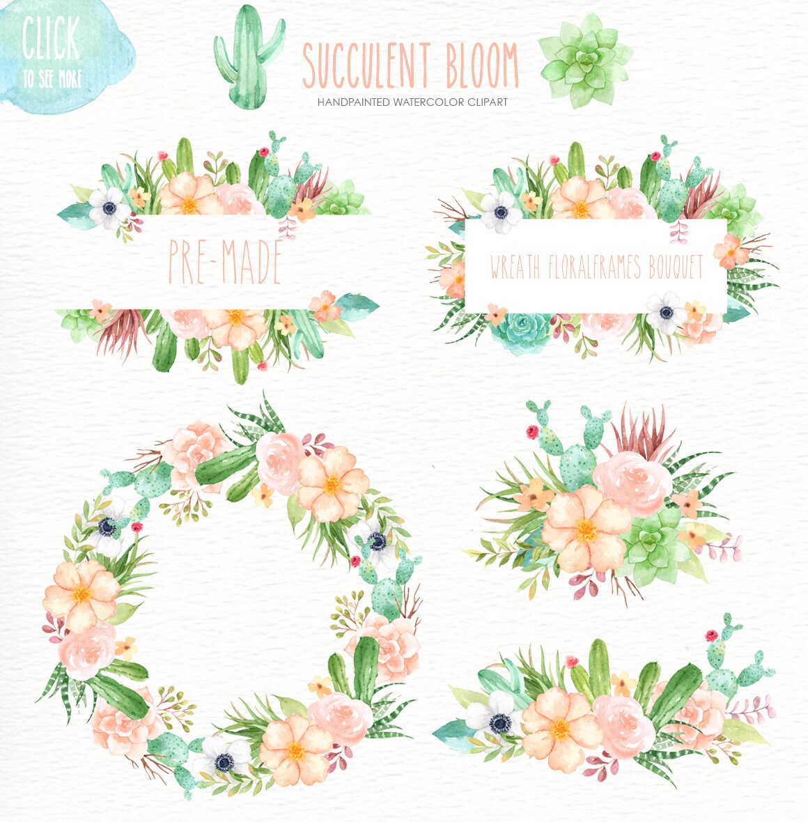 Succulent Bloom Watercolor Cliparts Cactus Flower Clipart - Etsy