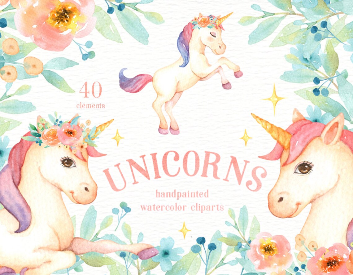 Unicorns Watercolor Clip Art, Rainbow Clipart, Woodland Animals, Kids ...