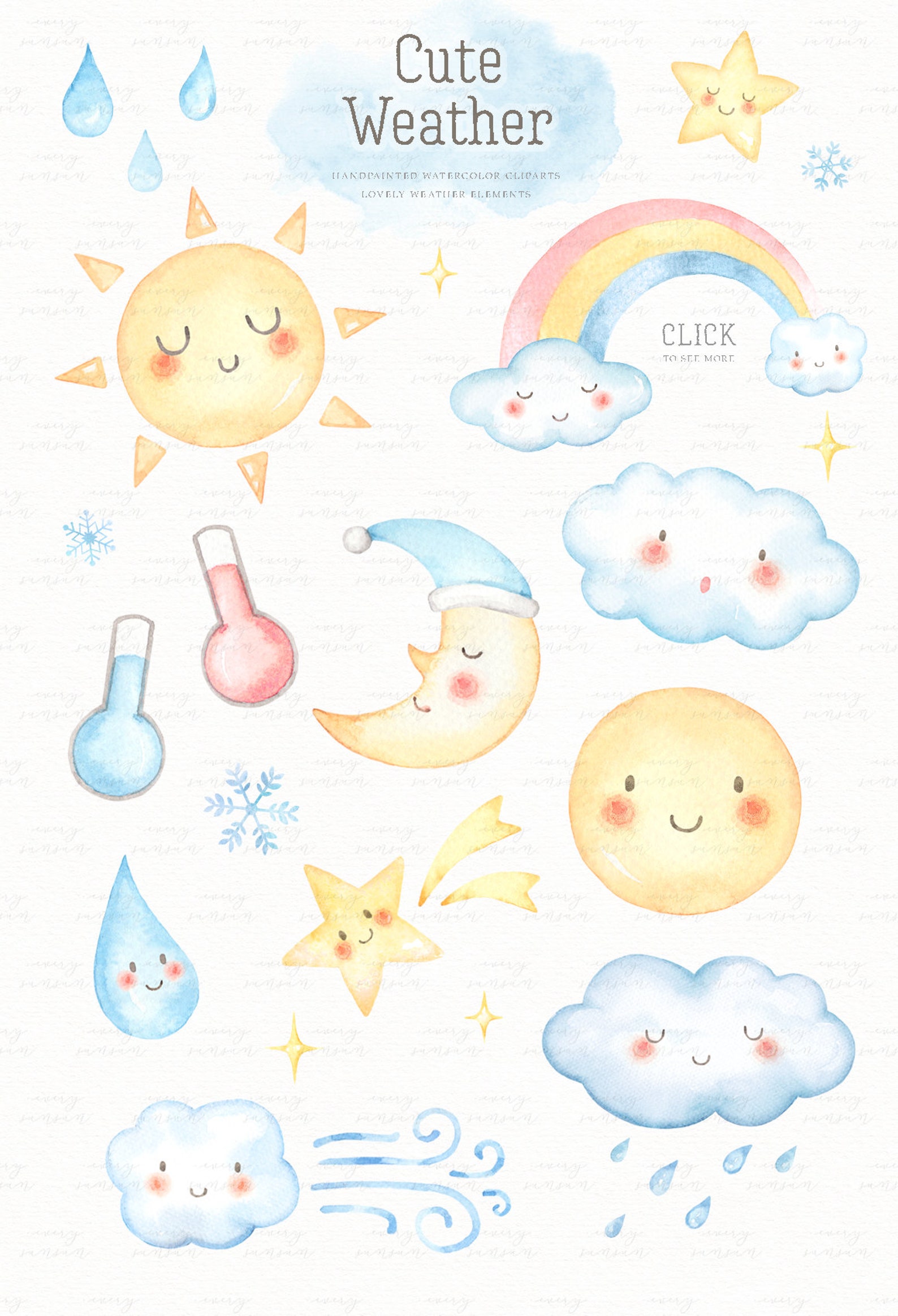 Cute Weather Watercolor Clip Arts, Sun, Moon, Star, Baby Shower, Kids ...