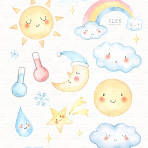 Cute Weather Watercolor Clip Arts, Sun, Moon, Star, Baby Shower, Kids ...
