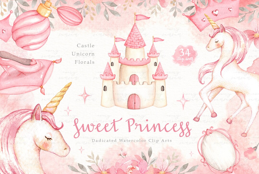 Sweet Princess Watercolor Clip Arts, Girl Clipart, Castle, Unicorn ...