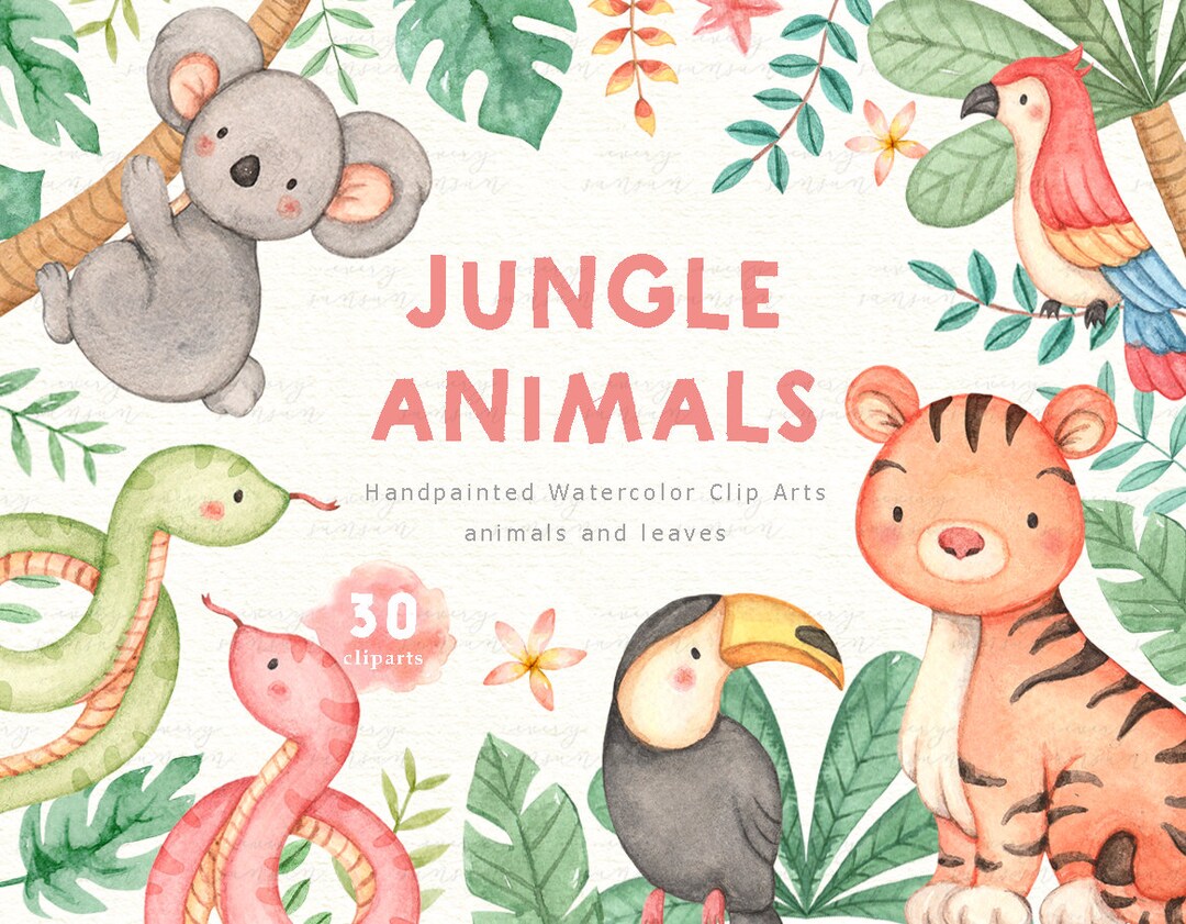 Jungle Animals Watercolor Clip Arts, Safari Animal, Woodland Animals ...