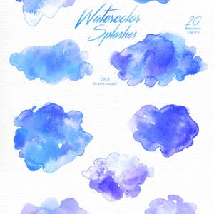 Blue Watercolor Splashes Clipart, Hand Painted, Brush Strokes, Splodge ...