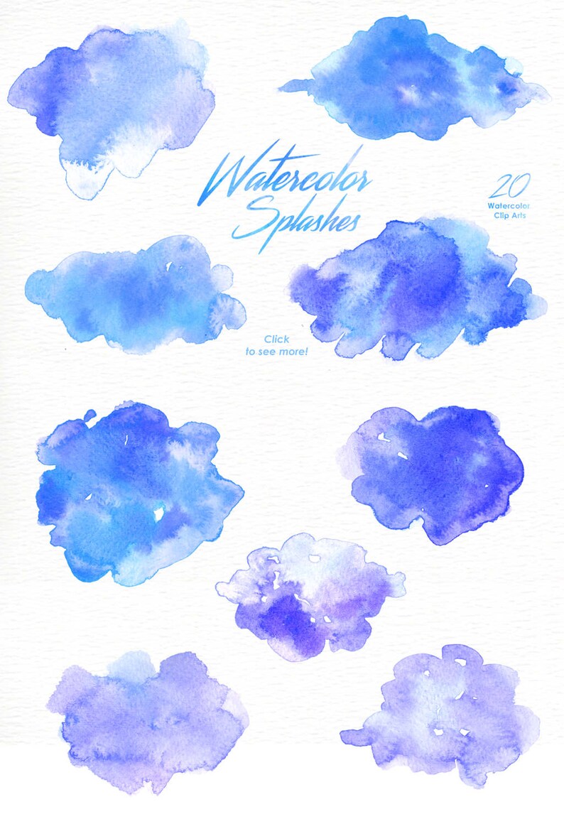 Blue Watercolor Splashes Clipart Hand painted brush strokes | Etsy