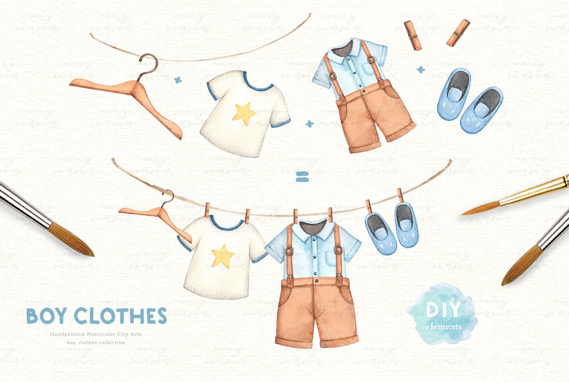 Boy Clothes Watercolor Clip Arts, Baby Boy, Baby Shower, Kids Clipart ...