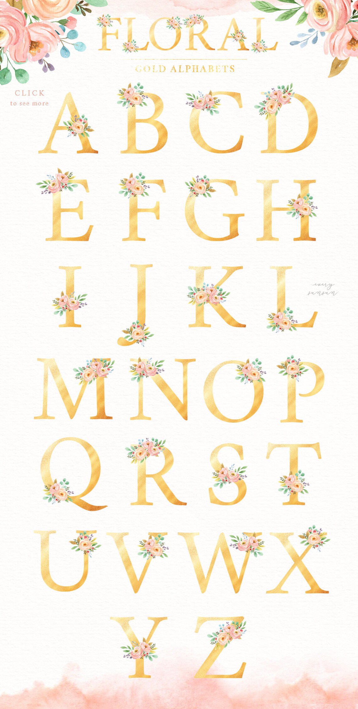 Floral Gold Alphabet Watercolor Clipart Romantic Wedding - Etsy