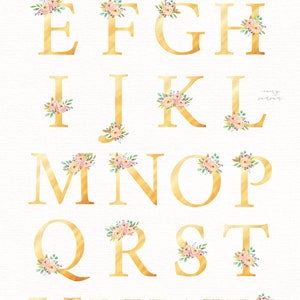 Floral Gold Alphabet Watercolor Clipart, Romantic Wedding, Watercolor ...