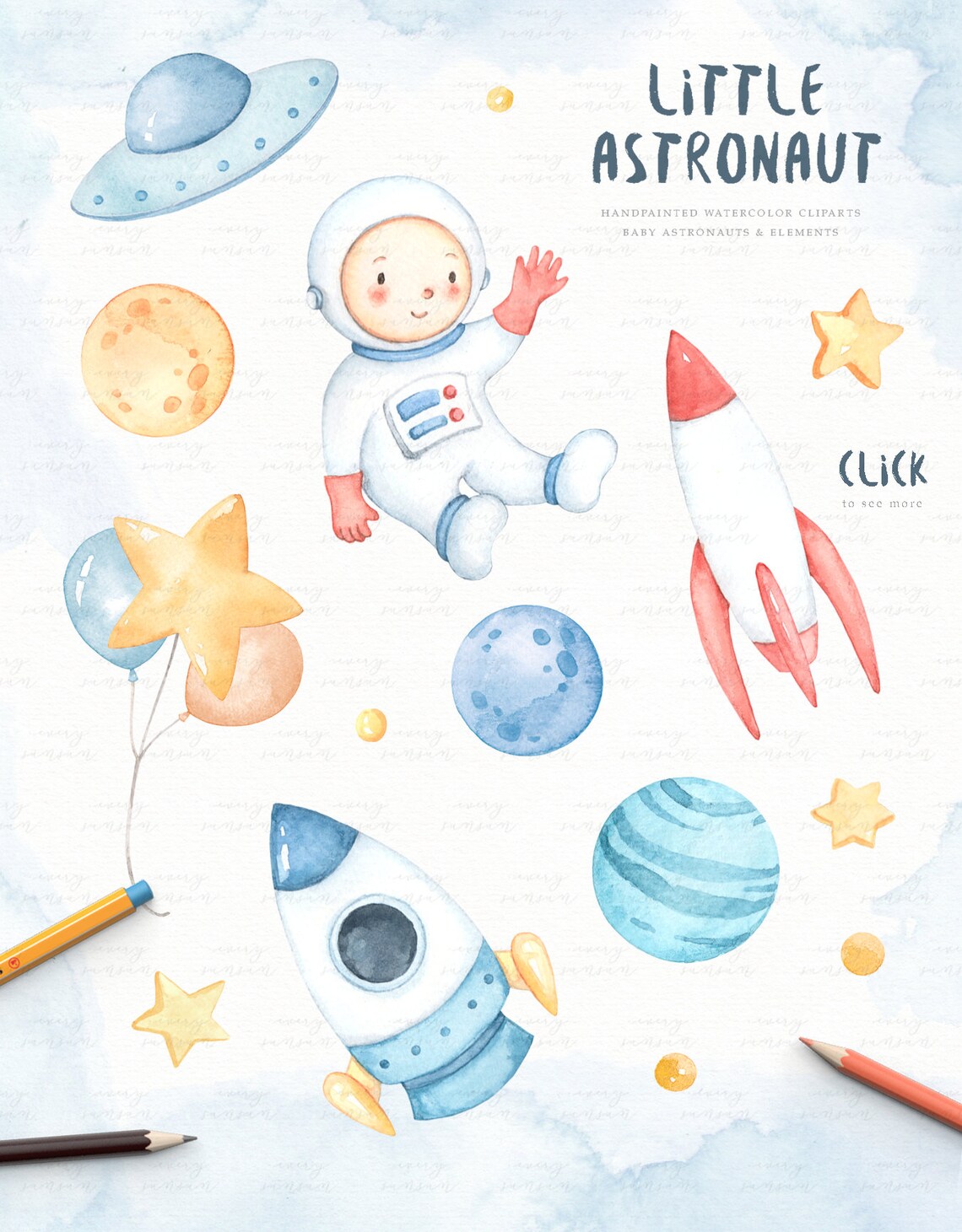 Little Astronaut Watercolor Clip Arts Galaxy UFO Planet - Etsy