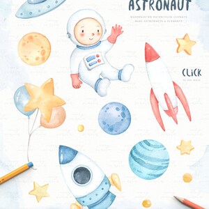 Little Astronaut Watercolor Clip Arts, Galaxy, UFO, Planet, Baby Boy ...