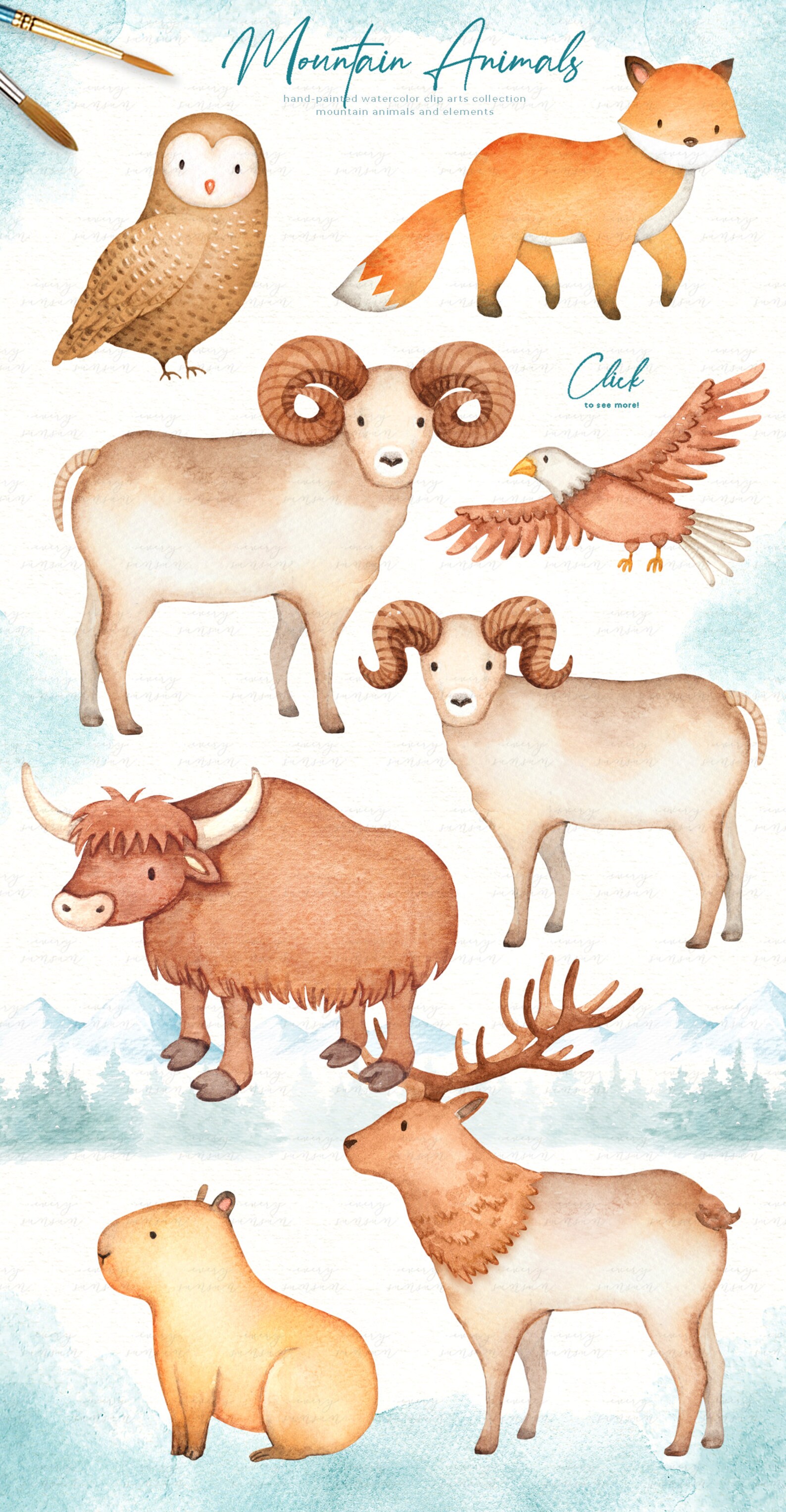Mountain Animals Watercolor Clip Art, Woodland Animals, Kids Clipart ...