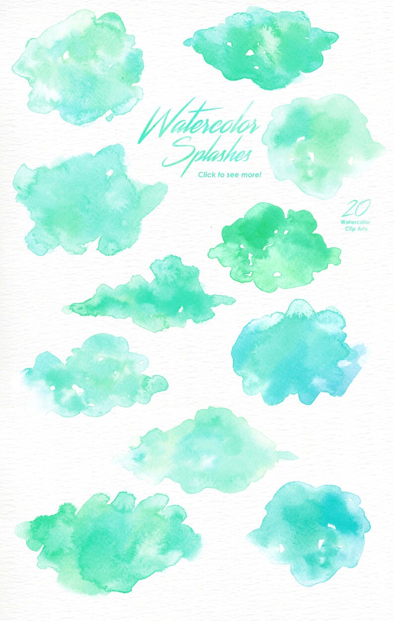 Mint Watercolor Splashes Clipart, Hand Painted, Brush Strokes, Splodge ...
