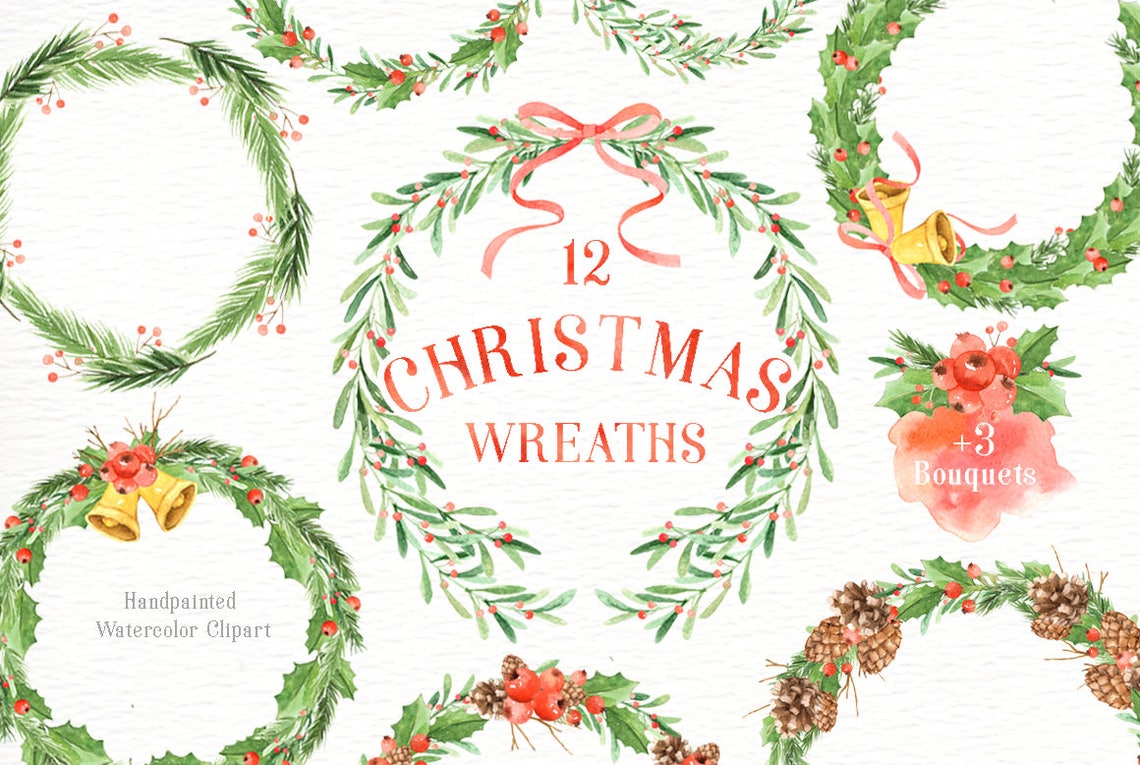 Christmas Wreaths Watercolor Clipart Holiday Winter Set | Etsy