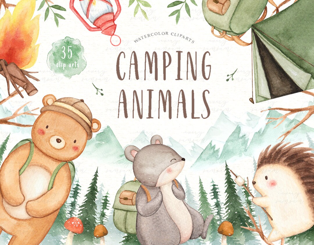 Camping Animals Watercolor Clip Arts, Woodland Animals, Kids Clipart ...