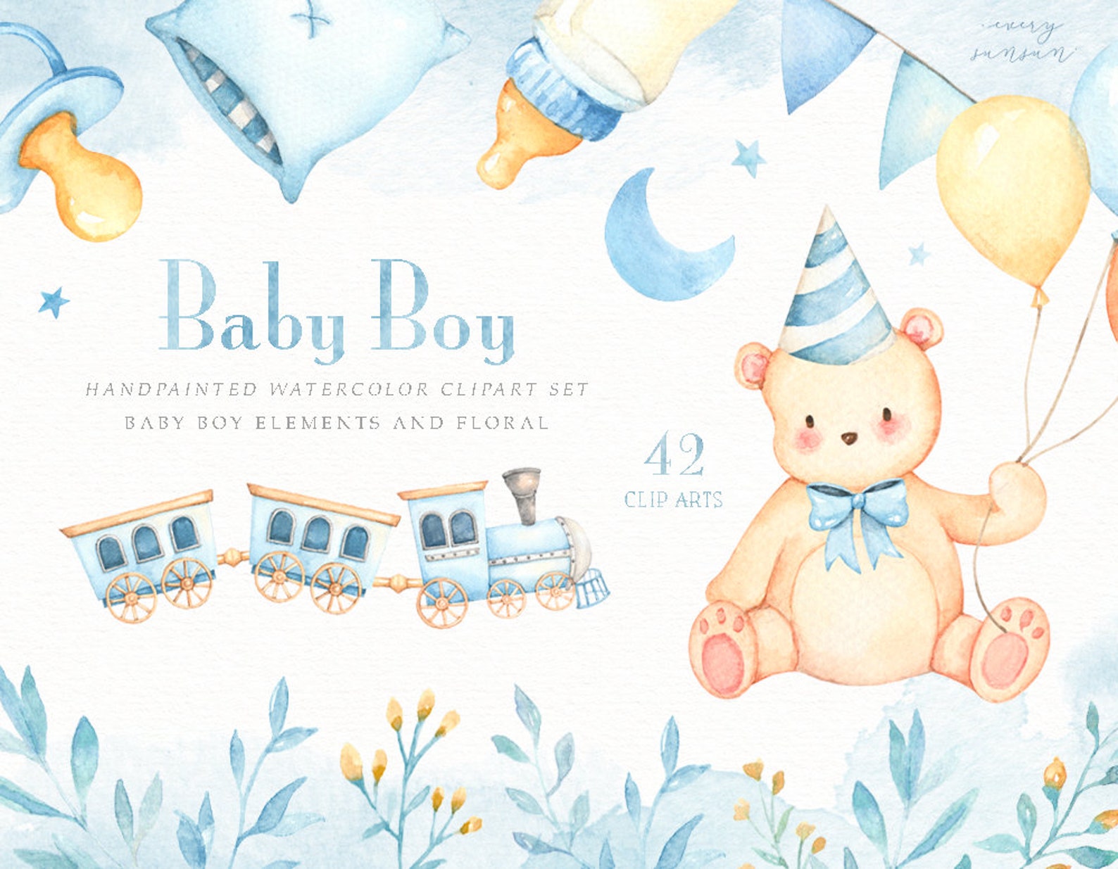 Baby Boy Watercolor Clip Arts Bear Clipart Toy Train Moon - Etsy