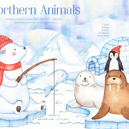 Arctic Animals Watercolor Clip Arts Holiday Winter Set Polar - Etsy