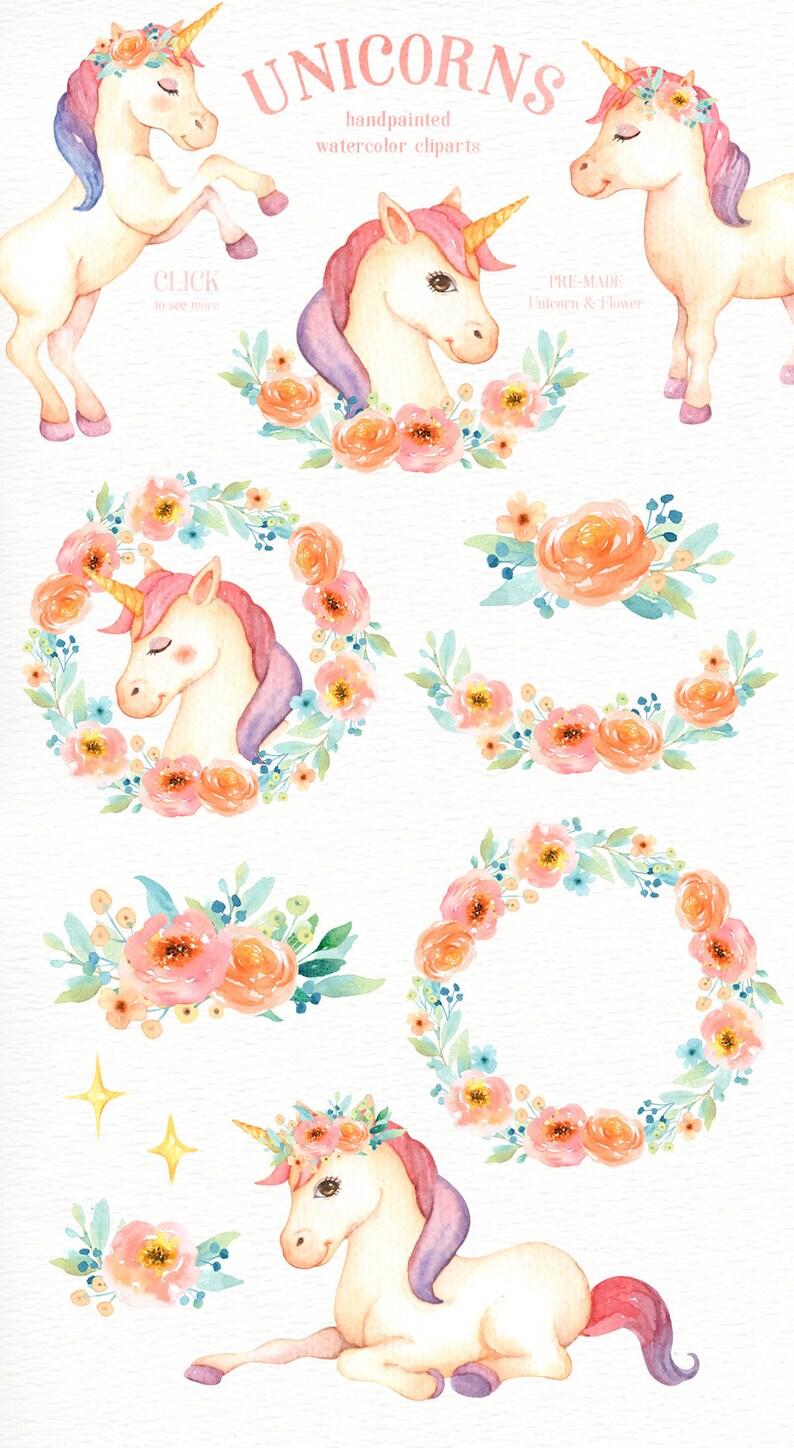 Unicorns Watercolor Clip Art, Rainbow Clipart, Woodland Animals, Kids ...
