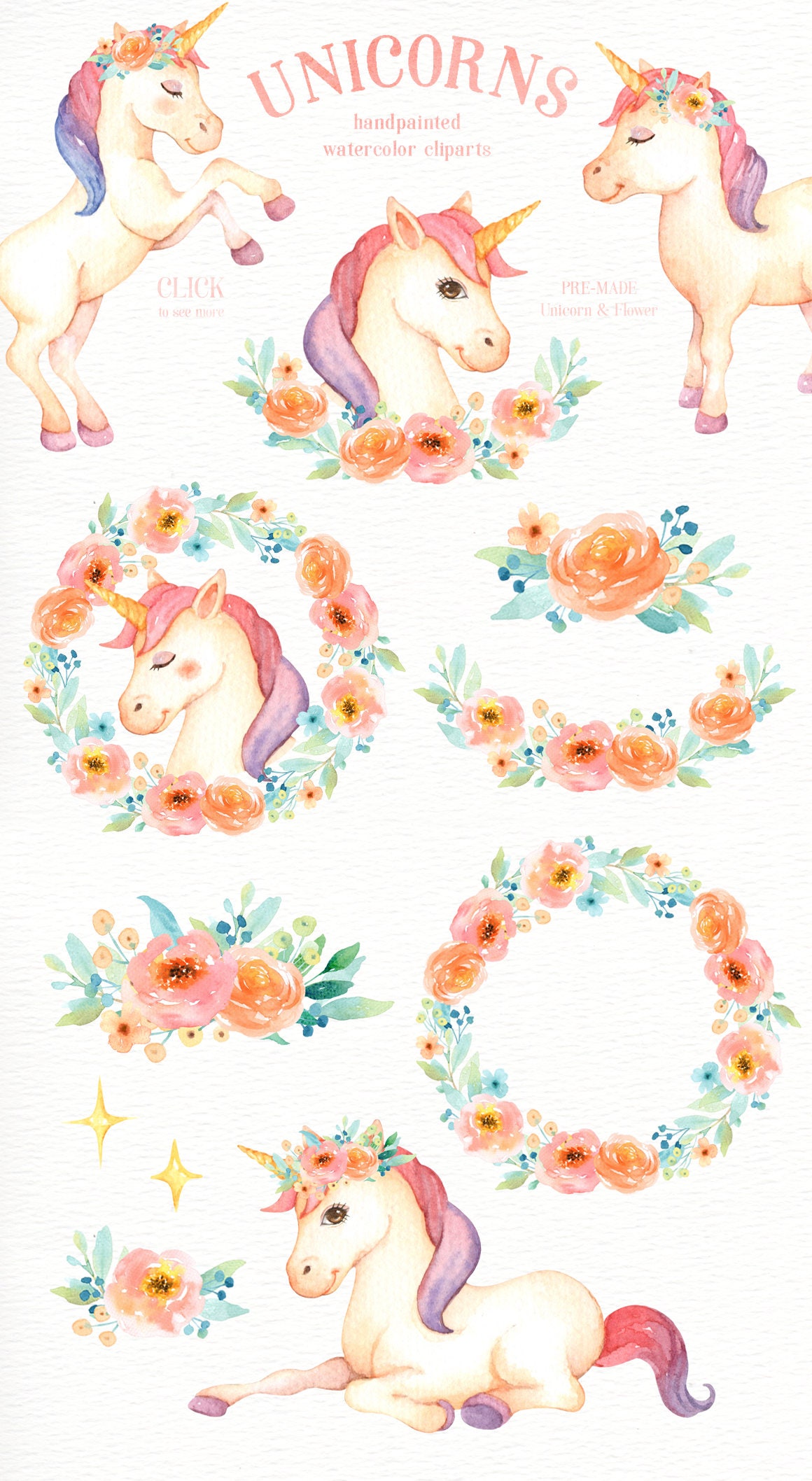 Unicorns Watercolor Clip Art, Rainbow Clipart, Woodland Animals, Kids ...