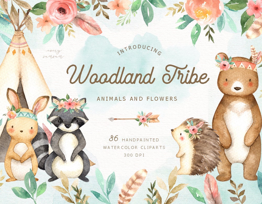 Woodland Tribe Watercolor Clip Art Woodland Animals Kids - Etsy