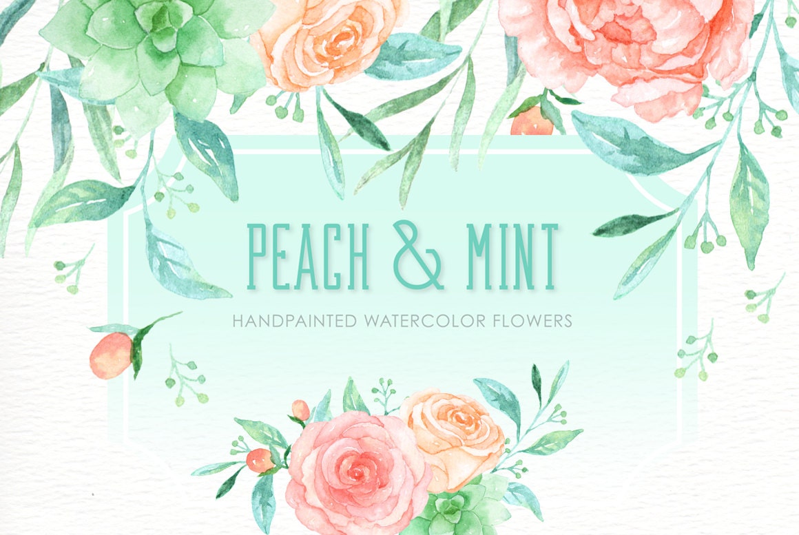 Peach and Mint Watercolor Clipart Hand Drawn. Romantic - Etsy