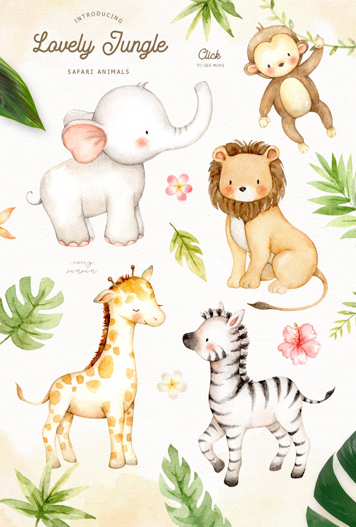 Lovely Jungle Watercolor Clip Art Safari Animal Woodland - Etsy