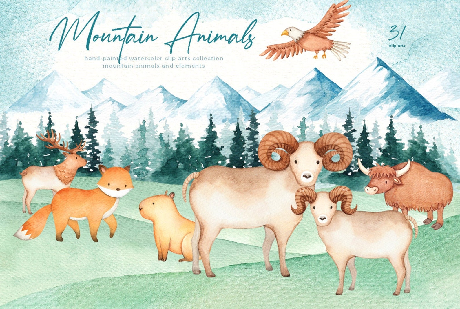 Mountain Animals Watercolor Clip Art, Woodland Animals, Kids Clipart ...