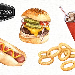 Fastfood Watercolor Clipart, Watercolor Menu, Junk Food, Burger, Cafe ...