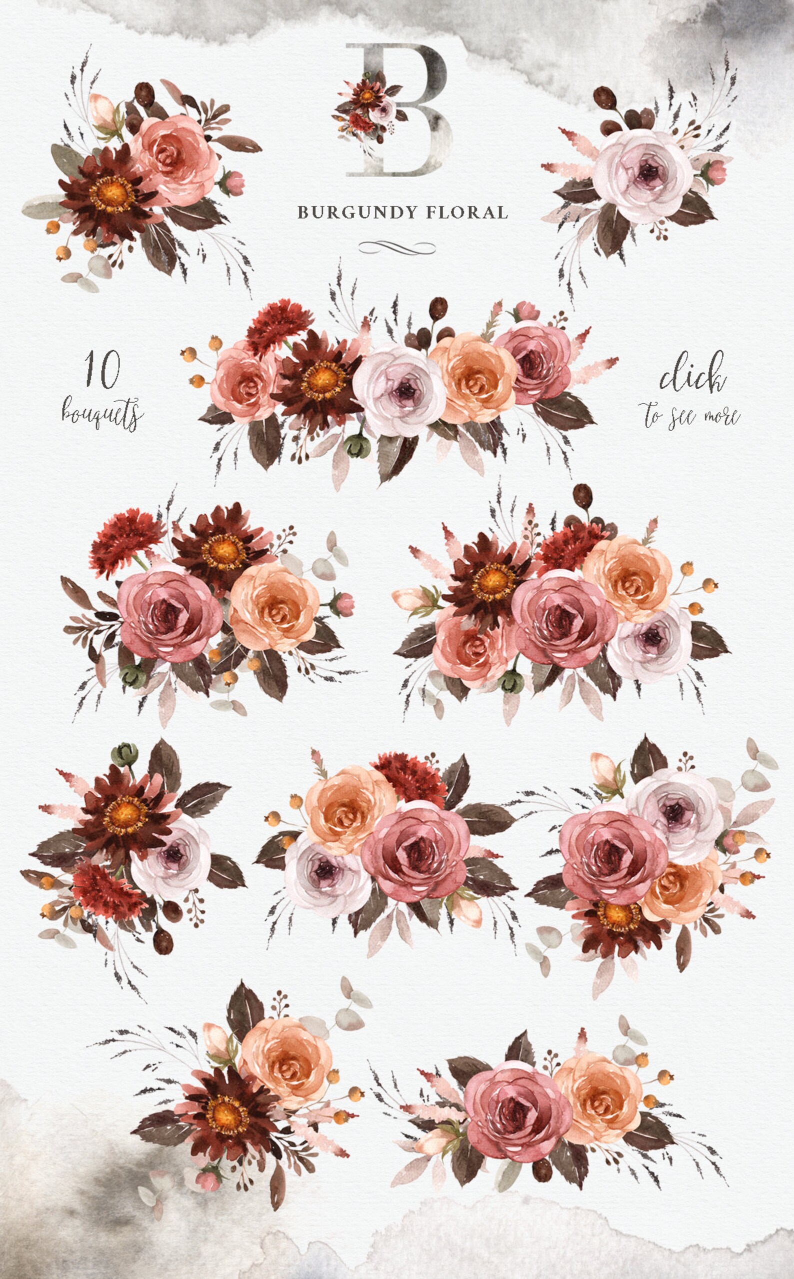 Burgundy Floral Watercolor Clipart Romantic Wedding Rustic - Etsy