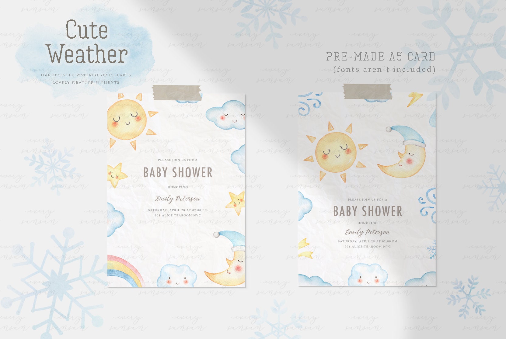 Cute Weather Watercolor Clip Arts, Sun, Moon, Star, Baby Shower, Kids ...