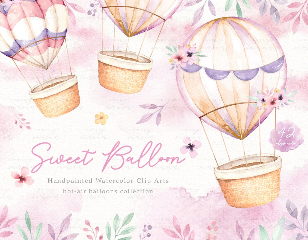 Sweet Balloon Watercolor Clip Arts, Hot-air Balloon, Girl Clipart, Kids ...