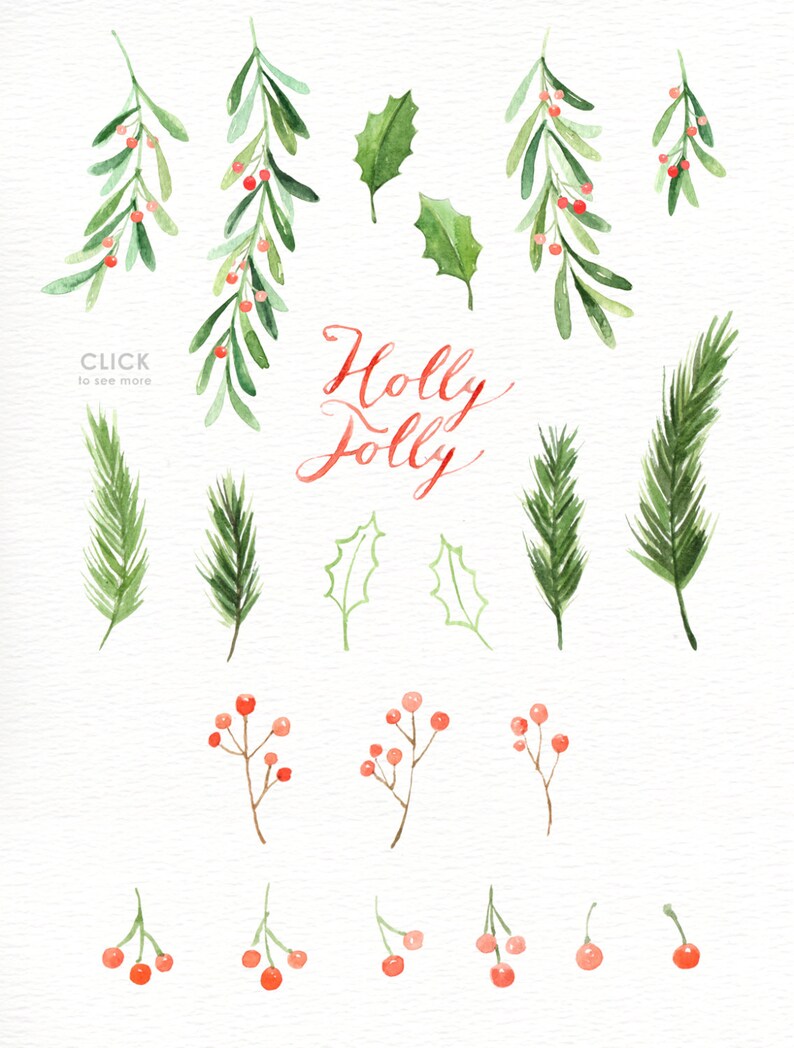 Holly Jolly Watercolor Christmas Clipart Holiday Winter Set - Etsy
