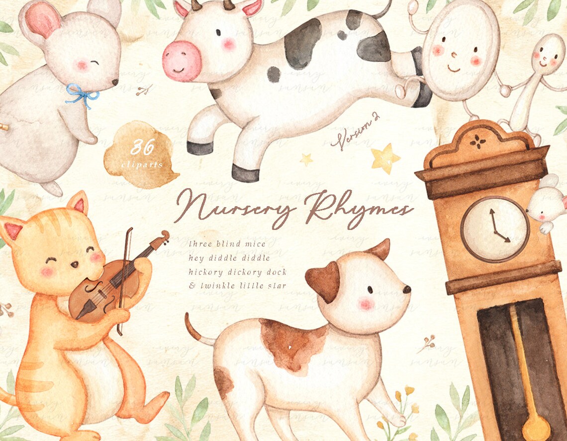 Nursery Rhymes V.2 Watercolor Set, Cute Animals, Children Book, Kids ...