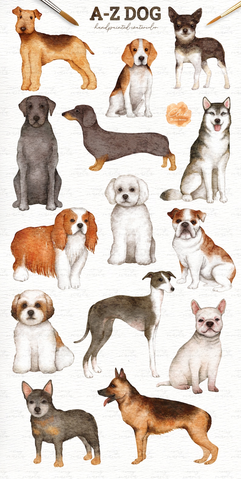 A-Z Dog Breeds Alphabets Watercolor Clip Arts, Woodland Animals, Kids ...