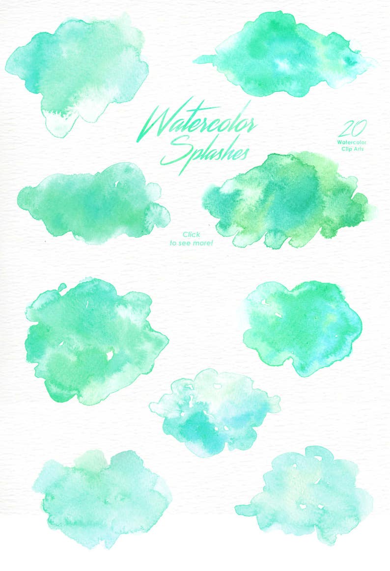 Mint Watercolor Splashes Clipart, Hand Painted, Brush Strokes, Splodge ...
