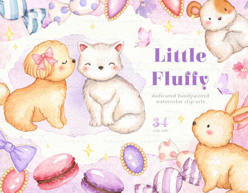 Little Fluffy Watercolor Clip Arts, Cute Animals, Dog Cat Mouse Bunny ...
