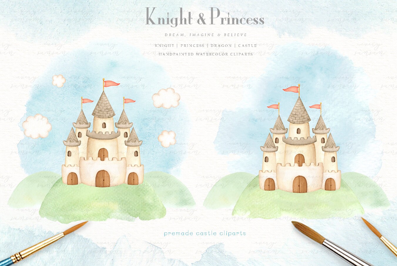 Knight & Princess Watercolor Clip Arts Dragon Castle Fairy - Etsy