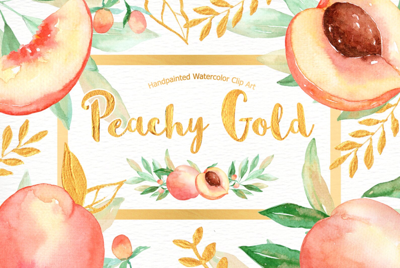 Peachy Gold Flower Clipart Watercolor Peaches Leaves Gold - Etsy