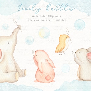 Lovely Bubbles Watercolor Clip Arts, Elephant, Rabbit, Woodland Animals ...