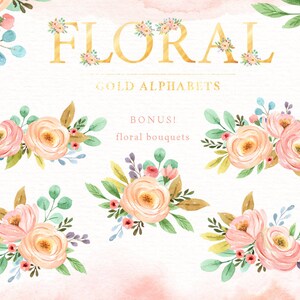 Floral Gold Alphabet Watercolor Clipart, Romantic Wedding, Watercolor ...