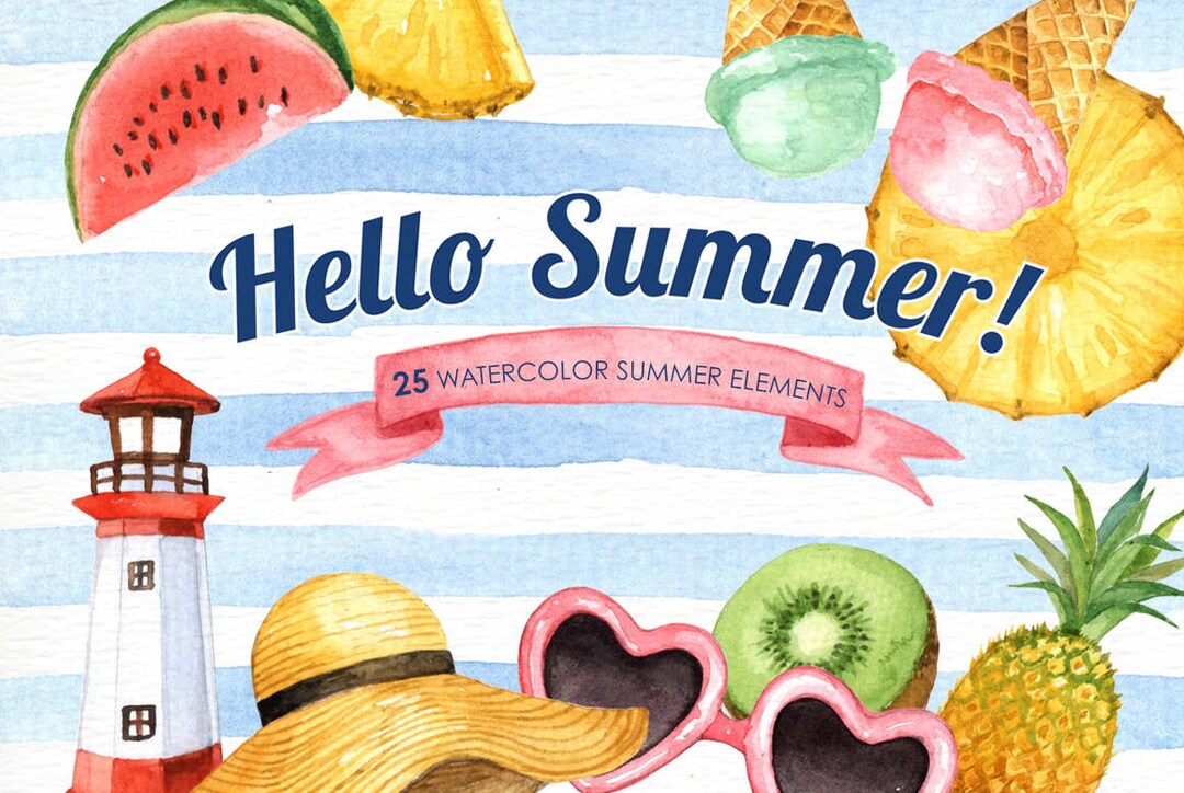 Hello Summer Watercolor Clipart, Tropical Clip Art, Summer Clipart ...