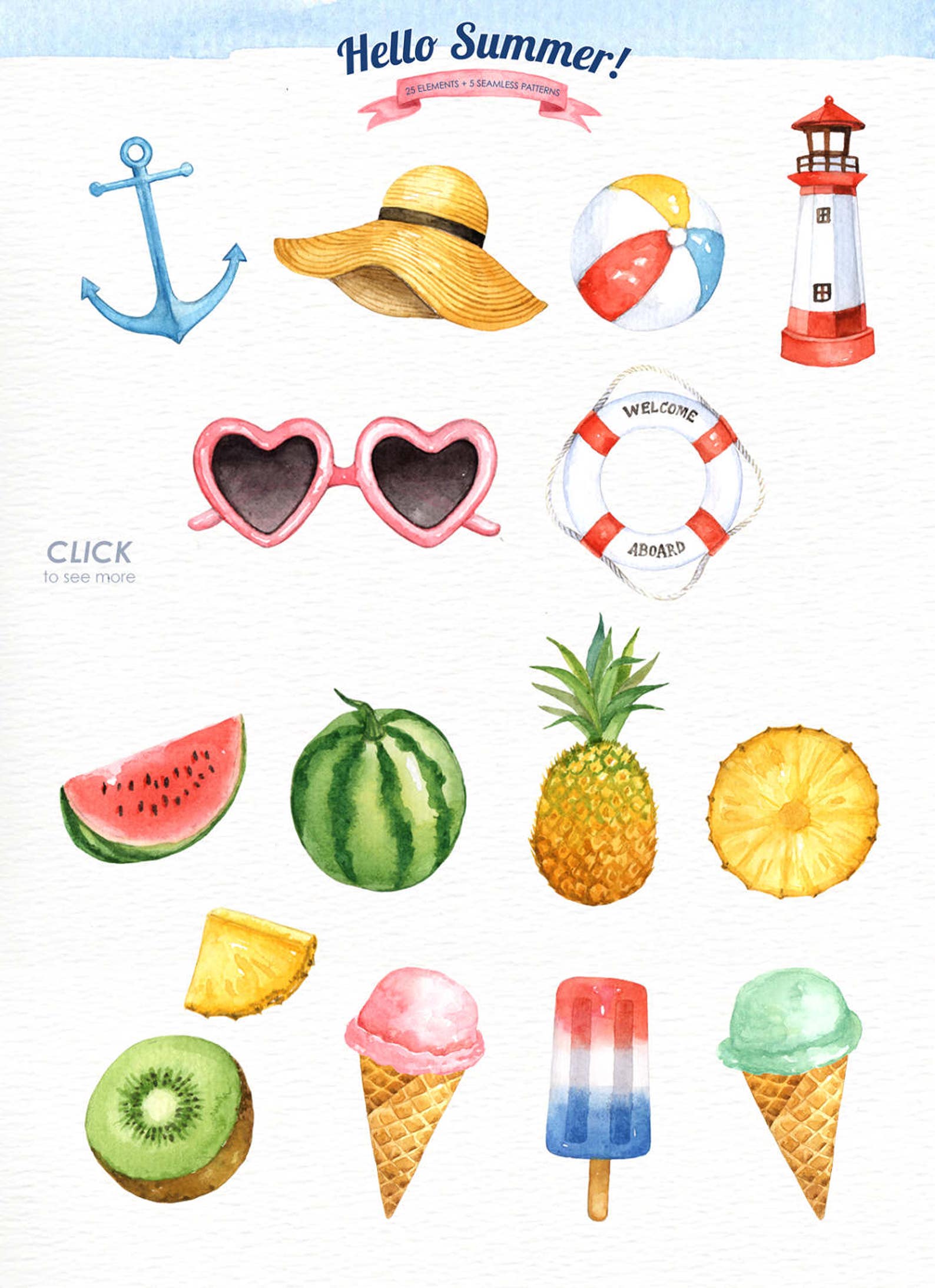 Hello Summer Watercolor Clipart, Tropical Clip Art, Summer Clipart ...