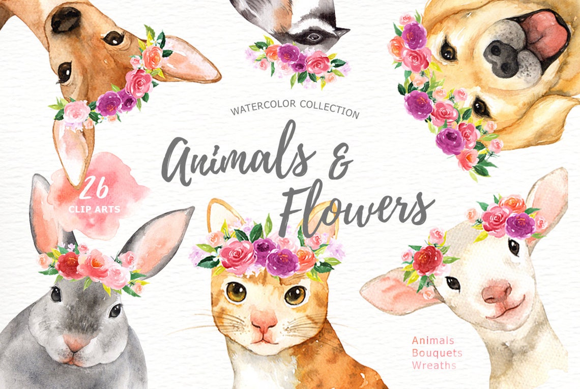 Animals and Flowers Watercolor Clip Art, Woodland Animals, Kids Clipart ...