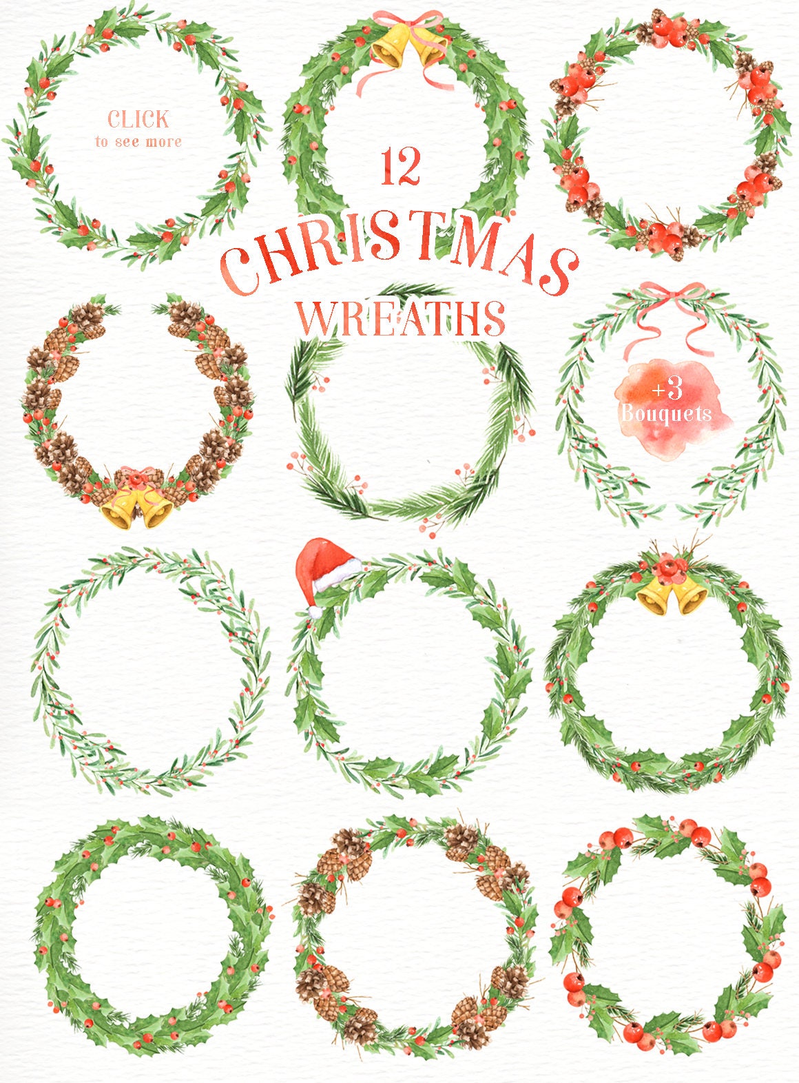 Christmas Wreaths Watercolor Clipart Holiday Winter Set | Etsy