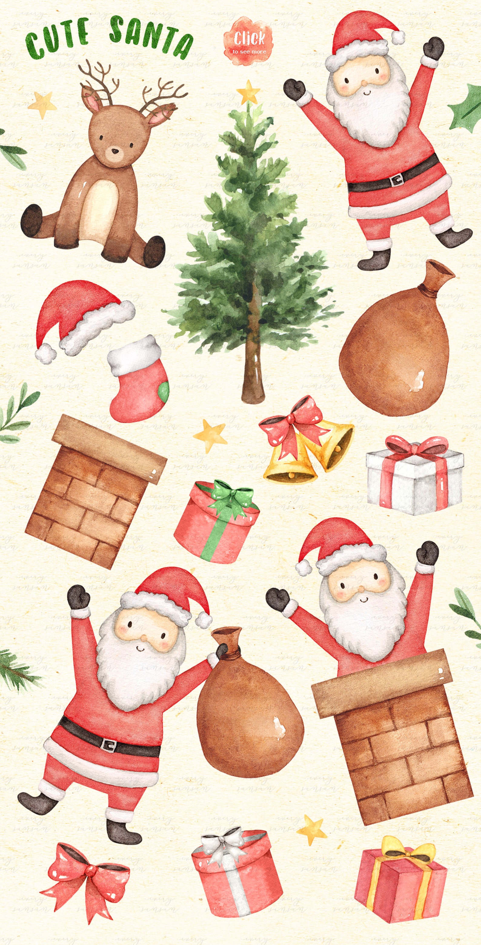 Cute Santa Christmas Watercolor Set Holiday Reindeer - Etsy