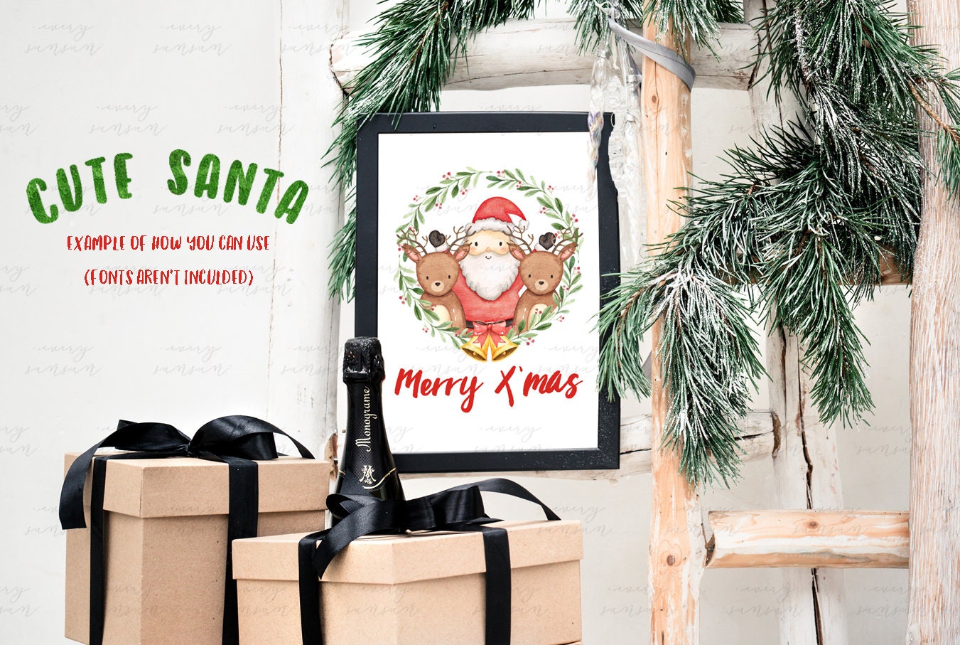 Cute Santa Christmas Watercolor Set Holiday Reindeer - Etsy