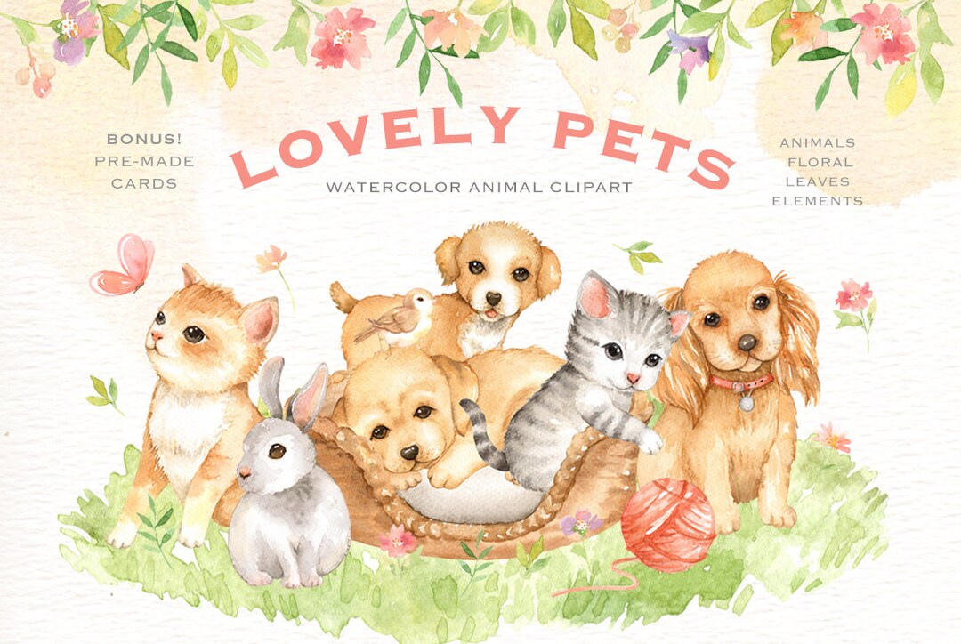Lovely Pets Watercolor Clip Art, Woodland Animals, Kids Clipart, Boho ...