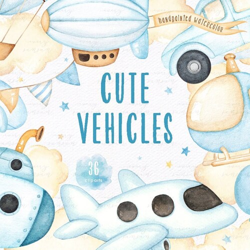 Watercolor Transport Clipart / Cartoon Cars / Nursery Art - Etsy