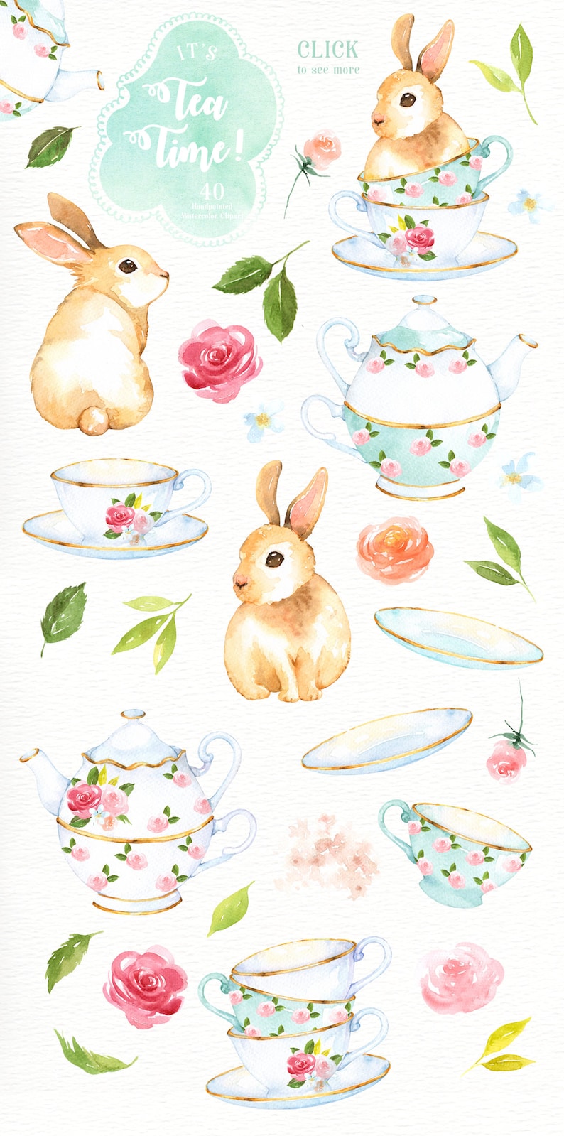 It's Tea Time Watercolor Cliparts Bunny Clipart Tea | Etsy