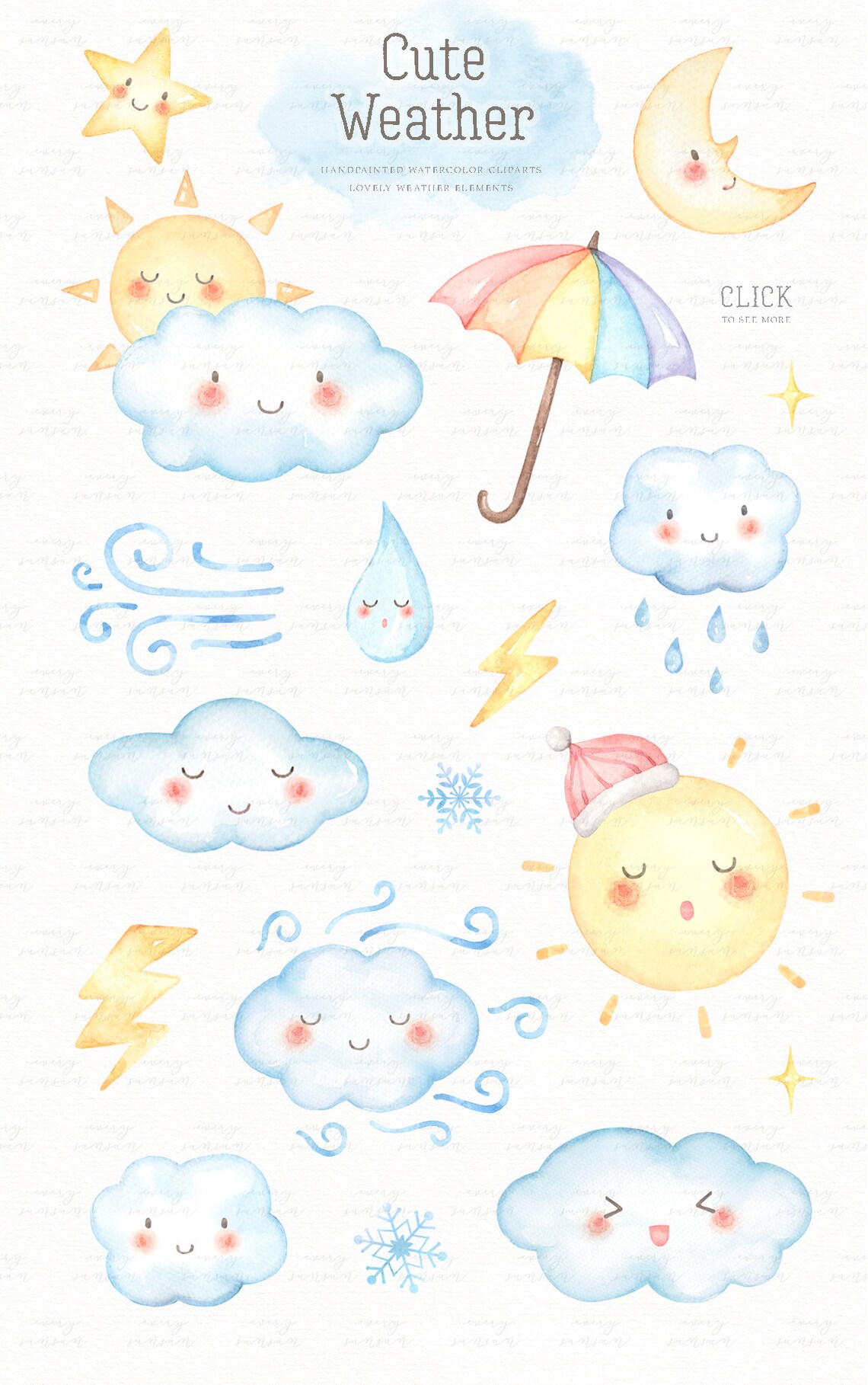 Cute Weather Watercolor Clip Arts, Sun, Moon, Star, Baby Shower, Kids ...