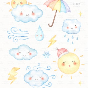 Cute Weather Watercolor Clip Arts, Sun, Moon, Star, Baby Shower, Kids ...