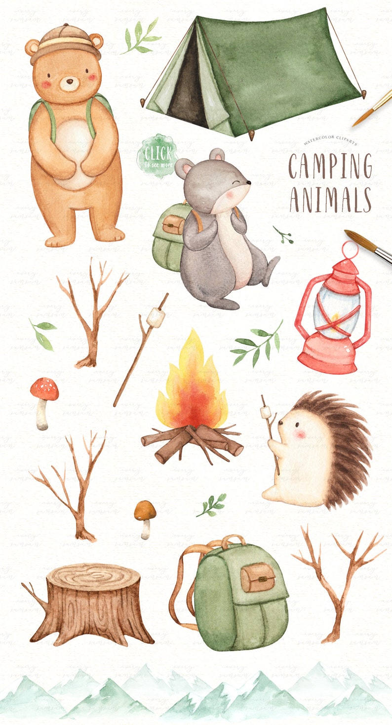Camping Animals Watercolor Clip Arts Woodland Animals Kids - Etsy